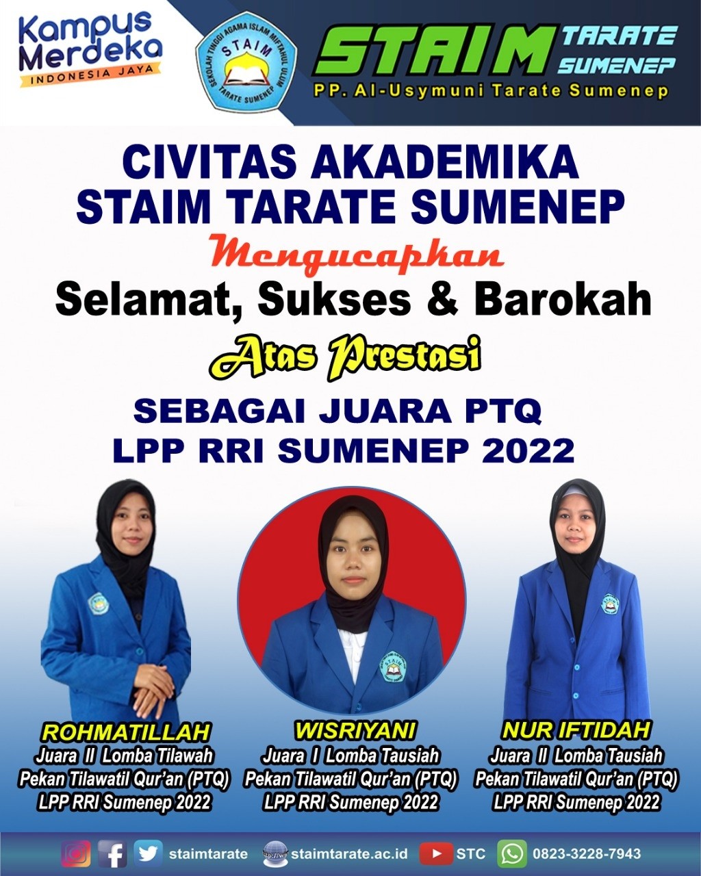 TIGA MAHASISWI STAIM TARATE SUMENEP RAIH PRESTASI PTQ LPP RRI SUMENEP 2022